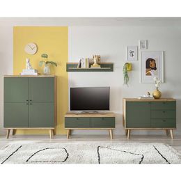 Pharao24.de TV Wohnwand Skandi gr&uuml;n 134 cm hoch Metallgriffen (vierteilig)