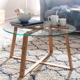 Pharao24.de Runder Sofa Tisch mit Glasplatte Massivholz B&uuml;gelgestell