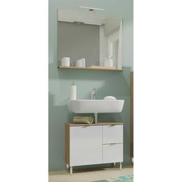 Pharao24.de Badezimmerm&ouml;bel Set in Wei&szlig; Hochglanz und Wildeiche Optik LED Beleuchtung (zweiteilig)