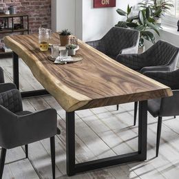 Pharao24.de Baumkanten Tisch aus Suar Massivholz und Stahl Loft Design