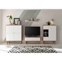 Pharao24.de Wohnzimmeranbauwand in Wei&szlig; und Eiche Skandi Design (vierteilig)