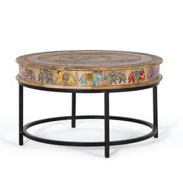 Pharao24.de Couchtisch Beistelltisch aus Metall und Holz mit Elefanten Motiv