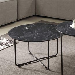 Pharao24.de Beistelltisch Marmor Optik schwarz mit Glasplatte B&uuml;gelgestell