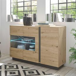 Pharao24.de Esszimmer Sideboard in Wildeiche Optik und Dunkelgrau 3 t&uuml;rig mit D&auml;mpfung