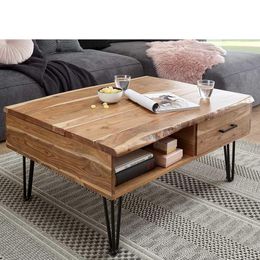 Pharao24.de Couchtisch Massivholztisch mit nat&uuml;rlicher Baumkante und einer Schublade