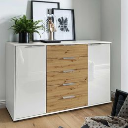 Pharao24.de K&uuml;chensideboard in Eiche Bianco Wei&szlig; glasbeschichtet
