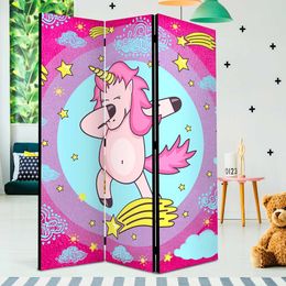 Pharao24.de Einhorn Paravent Raumteiler in Pink und Bunt Leinwand F&uuml;llung