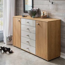Pharao24.de Gro&szlig;e Kommode in Beige Glas beschichtet Eiche teilmassiv