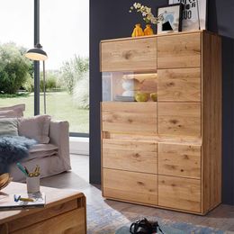 Pharao24.de Highboard Vitrine aus Wildeiche Massivholz LED Beleuchtung 103x152x44 cm Pharao24