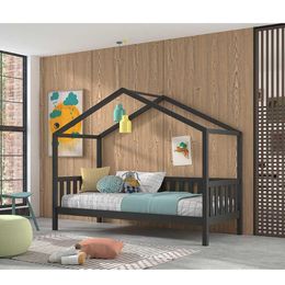 Pharao24.de Kinderzimmer Bett Haus in Anthrazit Kiefer Massivholz