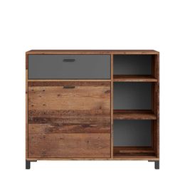 Pharao24.de Industry Kommode in Holz Antik und Anthrazit Schublade, T&uuml;r und Regal