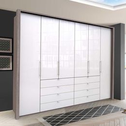 Pharao24.de Schlafzimmerkleiderschrank in Wei&szlig; und Eiche Tr&uuml;ffelfarben acht Schubladen