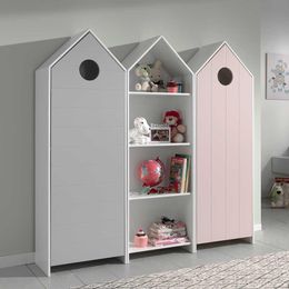 Pharao24.de Kinderkleiderschrank Set in Grau und Rosa wei&szlig;em Regal (dreiteilig)