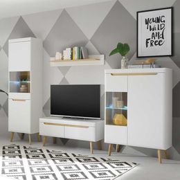 Pharao24.de Design Wohnwand vierteilig in Wei&szlig; Eichefarben (vierteilig)
