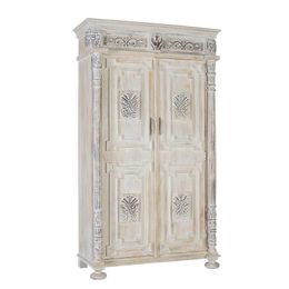 Pharao24.de Holzschrank Massiv Schrank Holz in Holz White Wash handgearbeitet aus Mangobaum Massivholz 120x203x50 cm Pharao24