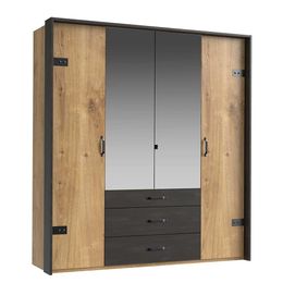 Pharao24.de Dreht&uuml;renkleiderschrank 4-t&uuml;rig im Industry und Loft Stil drei Schubladen