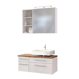 Pharao24.de Spiegelschrank und Waschtischkommode in Wei&szlig; und Wildeiche Dekor Regal (dreiteilig)