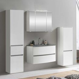 Pharao24.de Wei&szlig;e Badm&ouml;bel 160 cm breit LED Beleuchtung (vierteilig)