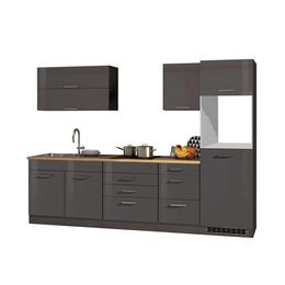 Pharao24.de Design K&uuml;chenzeile in Grau Hochglanz 290 cm breit (siebenteilig)