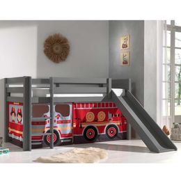 Pharao24.de Graues Kinder Halbhochbett mit Rutsche Vorhang mit Feuerwehr Motiv