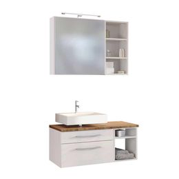 Pharao24.de LED Spiegelschrank und Waschtisch mit Regal Wei&szlig; und Wildeiche Dekor (dreiteilig)