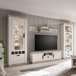 Pharao24.de Wohnzimmer Schrankwand im Landhaus Design Pinie Wei&szlig; (vierteilig)