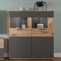Pharao24.de Wohnzimmer Highboard modern in Wildeichefarben & Grau 110 cm breit