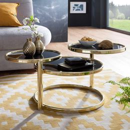 Pharao24.de Design Couchtisch im drei runden Glasplatten Schwarz und Goldfarben