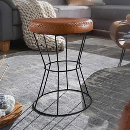 Pharao24.de Leder Sitzhocker in Cognac Braun rund