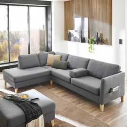 Pharao24.de Sofa Eckgarnitur Grau 255 cm breit - 197 cm tief Fu&szlig;gestell aus Holz