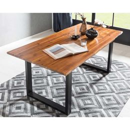 Pharao24.de 120 cm Baumkanten Tisch in Cognac Braun lackiert Akazie Massivholz und Metall