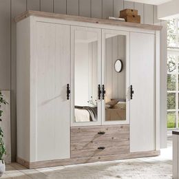 Pharao24.de Dreht&uuml;ren Kleiderschrank in Wei&szlig; und Piniefarben Landhausstil aus Spanplatte 215x201x60 cm Pharao24
