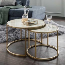 Pharao24.de Modernes Couchtisch Set in Wei&szlig; und Goldfarben Glasplatten (zweiteilig)