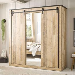 Pharao24.de Kleiderschrank Landhaus modern mit Dreh- und Schiebet&uuml;ren 201 cm breit aus Holzwerkstoff in Holz verwittert 201x209x63 cm Pharao24
