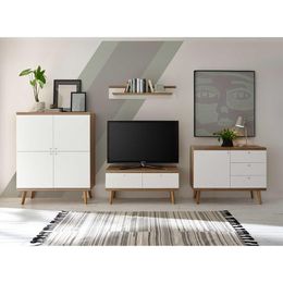 Pharao24.de Wohnzimmerwand in Wei&szlig; und Eiche Skandi Design (vierteilig)