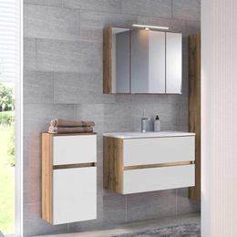 Pharao24.de Badezimmer Set in Wei&szlig; und Wildeiche Optik LED Beleuchtung (dreiteilig)