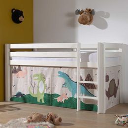Pharao24.de Kinderzimmer Bett aus Kiefer Massivholz Wei&szlig; mit Leiter und Dino Vorhang