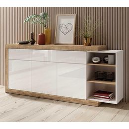 Pharao24.de Modernes Sideboard in Eiche Holzoptik verwittert Wei&szlig; Hochglanz