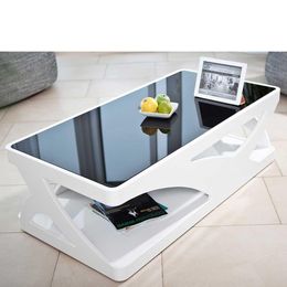 Pharao24.de Design Sofatisch in Wei&szlig; Hochglanz Schwarzglasplatte