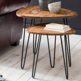 Pharao24.de Couchtisch Set aus Sheesham Massivholz und Eisen Wankelform (zweiteilig)