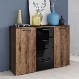 Pharao24.de Gro&szlig;e Kommode modern in Wildeiche dunkel & Schwarz 132 cm breit