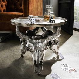 Pharao24.de Designtisch mit Stier Sch&auml;deln Aluminium
