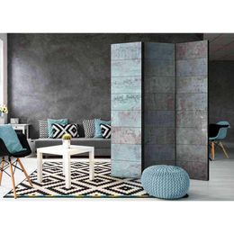 Pharao24.de 3 teiliger Paravent in T&uuml;rkis und Grau Betonwand Optik modern