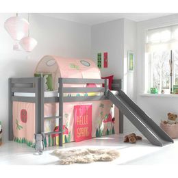 Pharao24.de Graues Spielhochbett aus Kiefer Massivholz mit Rutsche
