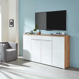 Pharao24.de Design Sideboard in Wei&szlig; Glas beschichtet Eiche Dekor