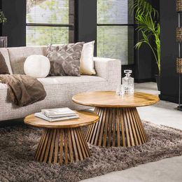 Pharao24.de Beistelltische Sofa Holz in Mangoholz Sandfarben runder Tischplatte (zweiteilig)
