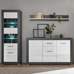 Pharao24.de Wohnzimmer Anbauwand in Beton Grau Wei&szlig; Hochglanz (dreiteilig)