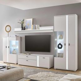 Pharao24.de Wohnwand 4teilig weiss matt in modernem Design LED Beleuchtung (vierteilig)