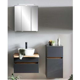 Pharao24.de Waschplatz-Set mit Spiegelschrank in Dunkelgrau Wildeichefarben (dreiteilig)