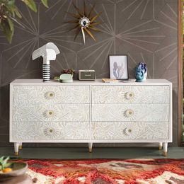 Pharao24.de Kommode Sideboard mit sechs Schubladen geschnitzt